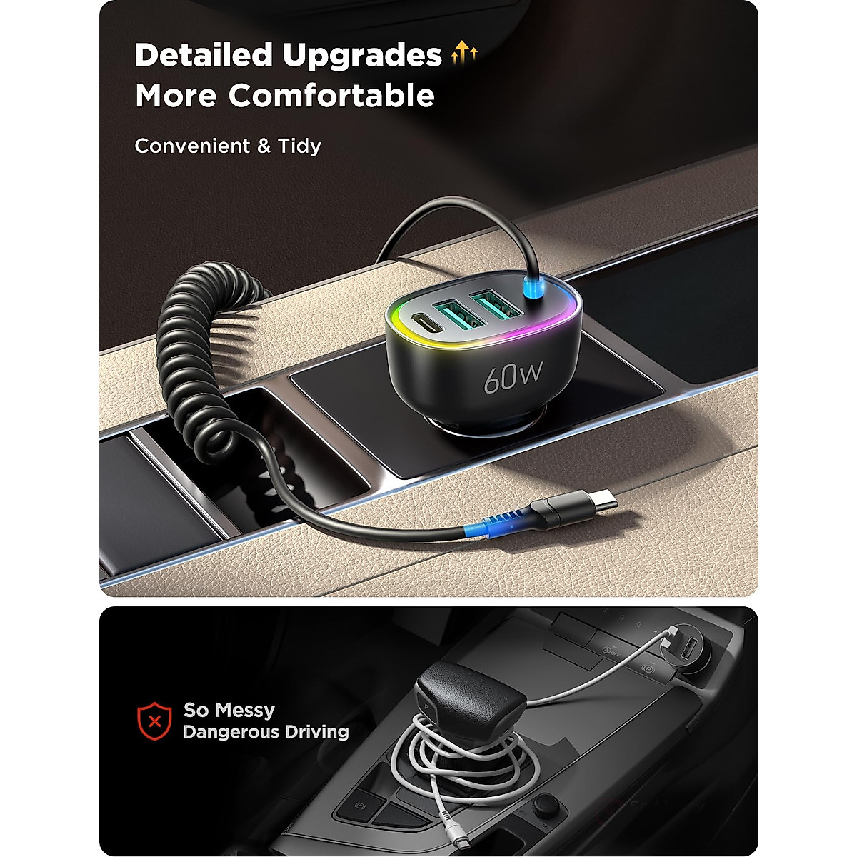 USB C Car Charger, 60W Super Fast Car Charger Adapter with 5ft 30W Type C Coiled Cable, Car Phone Charger Adapter for iPhone 15 Pro Max, Samsung Galaxy S24/S23, Google Pixel, iPad Pro…