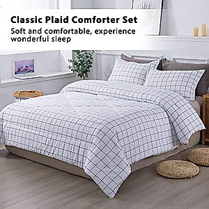 Andency White Grid Comforter Full(79x90Inch), 3 Pieces(1 Plaid Comforter and 2 Pillowcases) White Plaid Comforter Set, Microfiber Down Alternative Comforter Bedding Set