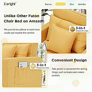 Esright 40 Inch Sleeper Chair Bed 3-in-1 Convertible Futon Chair Multi-Functional Sofa Bed Adjustable Reading Chair with Modern Linen Fabric, Yellow