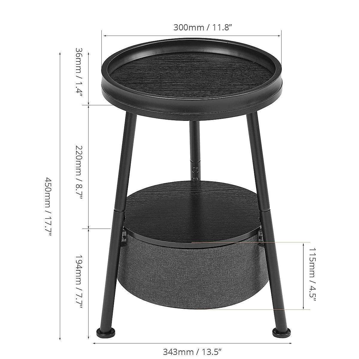 LEMONDA Small Round End Table, 2 Tier Round Side Table with Storage Basket,11.8”D*17.8”H Small Round Table,Sofa Side Table,Small Round Nightstand for Living Room Bedroom