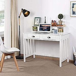 Yaheetech Writing Computer Desk Secretary Desk with Removable Floating Organizer, Workstation Laptop Table Home Office Notebook Desk Organizer with 2 Tier Hutch 4 Drawers, Solid Pine Wood Legs, White