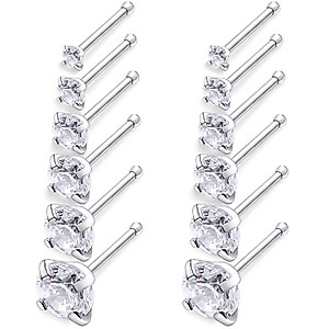 SCERRING 6 Pairs 20G Stainless Steel Nose Bone Rings Studs Nostril Ring Pin Piercing Jewelry Prong Setting 1.5-4mm Clear Cubic Zirconia Silver