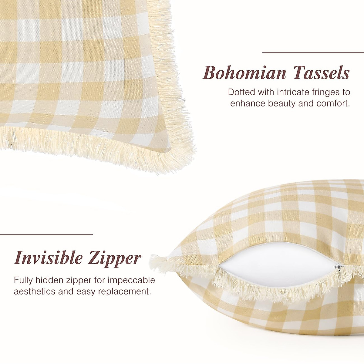 Lewondr Outdoor Throw Pillow Covers 12×20&18×18 Inch, Waterproof Throw Pillow Cases with Fringe, Striped Decorative Outdoor Cushion Covers for Garden, Patio, Couch, Balcony, 2 Pack, Beige