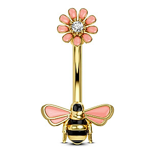 CM Crareesi Mania Gold Belly Button Rings 316L Stainless Steel Bee Belly Rings for Women 14G Flower Belly Button Piercing Jewelry 10mm Cute Navel Piercing Jewelry