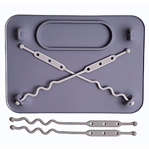 BUSY BABY Silicone Placemat-As Seen On Shark Tank-Built-in Suction Cups-4 Toy Tethers for Babies Toddlers and Kids-Food Grade Silicone-8.5 x 11 in-Comes with Travel Sleeve-Dishwasher Safe-Pewter