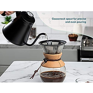 Kook Stovetop Gooseneck Kettle with Thermometer, for Pour Over Coffee & Tea, Temperature Gauge, Electric, Compatible for Gas Stovetop, 3 Ply Stainless Steel Base, 27 oz