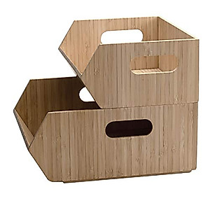 MobileVision XL Bamboo Storage Bins for Pantry & Kitchen Cabinet Organizer Multi-Purpose 2 PC Stackable Set Larger Bins for Potatoes Onions Packaged Goods & More