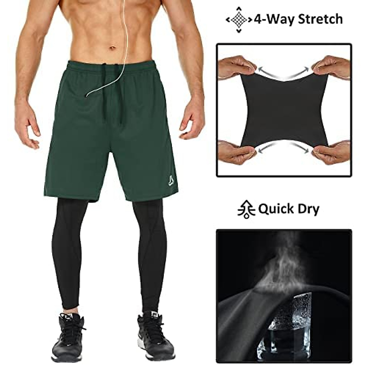 SILKWORLD Men's 2 in 1 Running Compression Tights Pants Mesh Athletic Workout Gym Legging,Black,Large