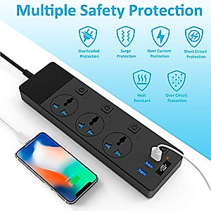 Power Strip with USB Ports, Extension Cord with Multiple Outlets, 110V-240V Cruise Ship Universal Power Strip with Individual Switches, 3000W/16A, Wall Mount Power Strip for Home Office