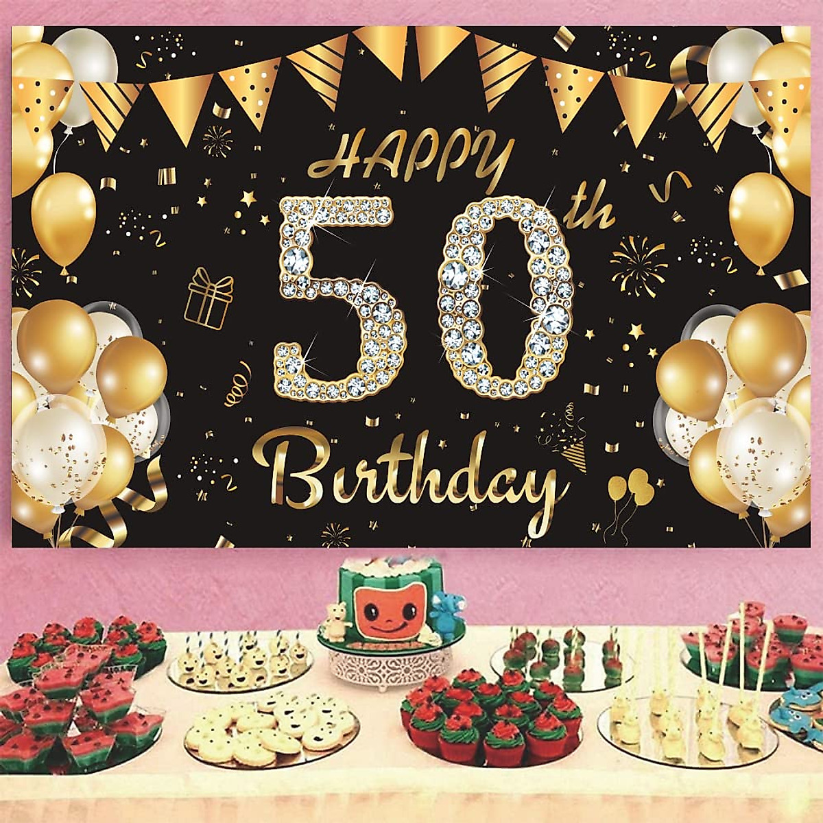 50th Happy Birthday Banner Backdrop for Men Black and Gold Party Decorations Happy Birthday Backdrop for Women Black and Gold Birthday Photo Backdrop 70.87*45.28in
