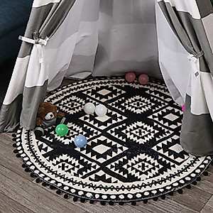 HAOCOO Round Area Rugs with Pom Pom Ball Fringe Boho Geometric Throw Rugs Non-Slip Soft Velvet Black and Beige Floor Carpet for Bedroom Living Room Nursery Decor(4ft)