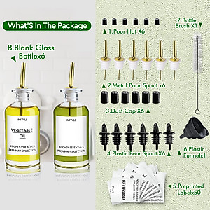 INFTYLE 12 oz Olive Oil Dispenser Coffee Syrup Dispenser Bottle Set of 6, Glass Cooking Oil Bottle Dispenser for Kitchen, Mouthwash Container, with Metal Pour Spout, Funnel and Labels