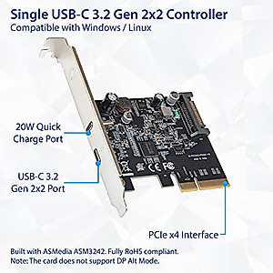 I/O CREST USB-C 3.2 Gen 2x2 + 20W QC Power Delivery PCI-e Gen 3 x4 Expansion Card SATA Powered ASMedia ASM3242