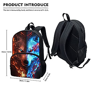 DMOYALA School Backpack for Boys Kids Cool Wolf Backpack Girls Wolf School Bag Lightweight School Bag Casual Daypack Easy to Clean Backpacks 17Inch Large Black Bookbag,Wolf Print Color1