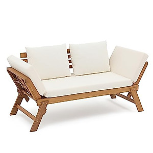 Verano Garden Outdoor Convertible Sofa Daybed, FSC Acacia Wood Patio Couch with Thick Cushion & Pillows for Porch, Backyard, Balcony, Apartment, Sunroom, Cream White