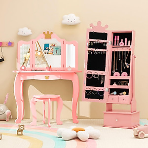 Costzon Kids Jewelry Armoire Cabinet, 45” Standing Jewelry Organizer with Full-Length Mirror, 3 Storage Drawers, Kids Vanity Dress Up Mirror Jewelry Cabinet for Girls (Pink)