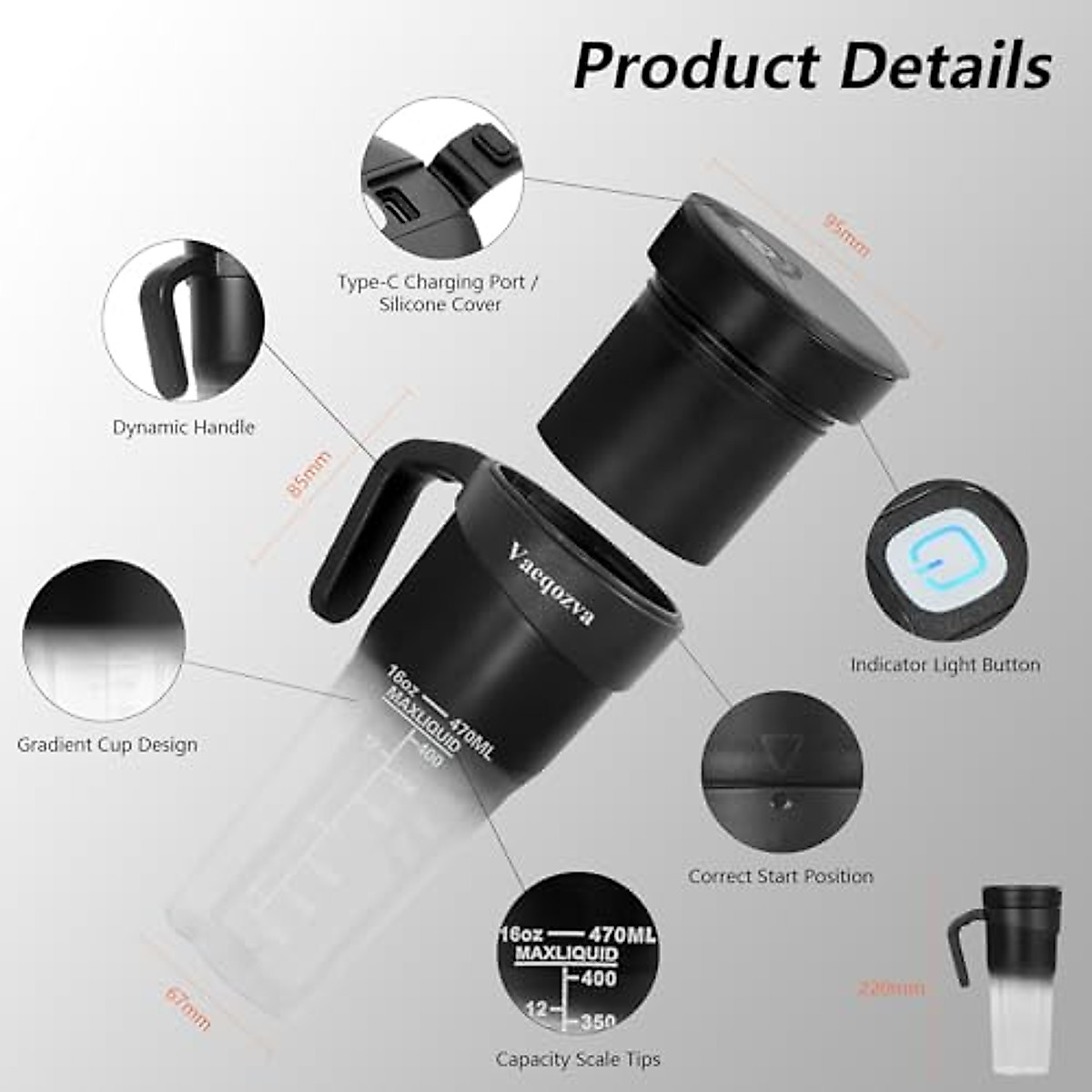 Vaeqozva Portable Blender-Personal Blender USB Rechargeable for Shakes and Smoothies Mini Blender Smoothie Maker on the Go Blender Cup with 6 Blades 16Oz Small Fruit Blender Home Travel Sports Gym