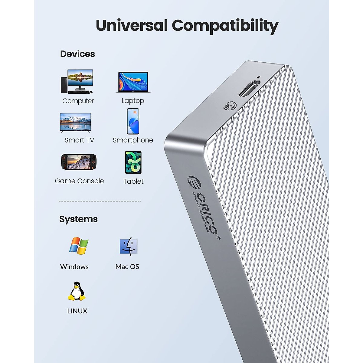 ORICO 40Gbps M.2 NVMe SSD Enclosure USB4 PCIe3.0x4 USB-C Aluminum Adapter, Upgraded NVMe PCIe 2280 M-Key External M2 Solid State Drive Enclosure, Compatible Thunderbolt 3/4 USB3.2/3.1/3.0/ Type C