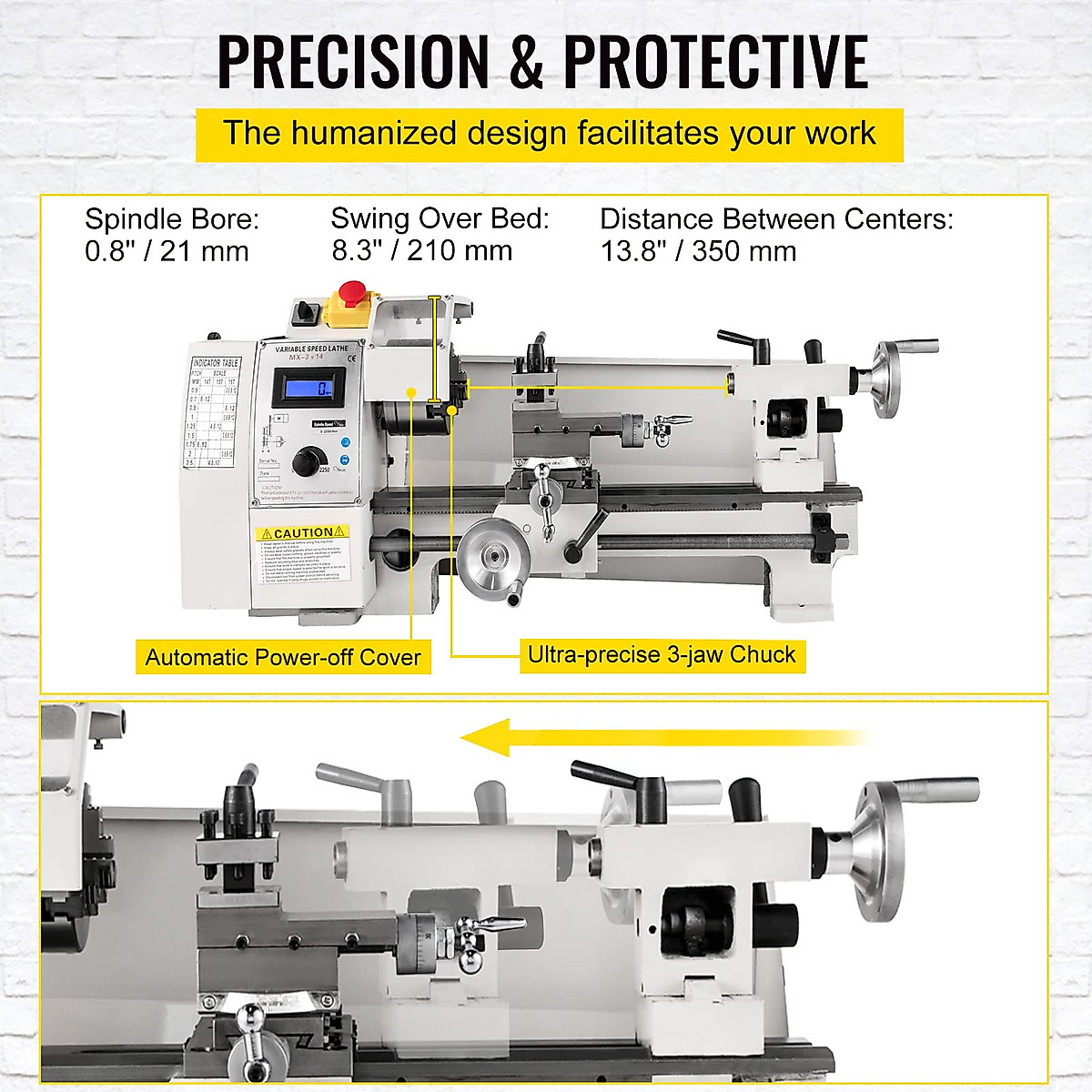 VEVOR Mini Metal Lathe 8"x14", Mini Lathe Machine 2250 PRM Variable Speed Change,Precision Mini Lathe 600W Metal Working Lathe, Small Metal Lathe, Milling Machine for Various Types of Metal Turning