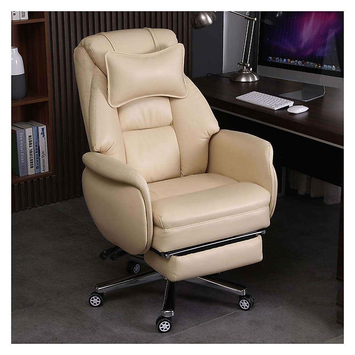 Computer Chair, Home Office Desk Chairs, Swivel Chair Leather Reclining Office Computer Chair Home Study Business Gaming Swivel Chair (Color : Off-White)