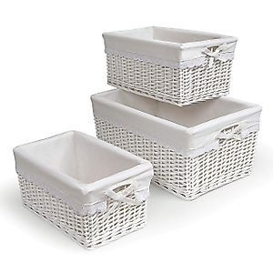 Badger Basket Nesting Wicker Nursery Baskets with Fabric Liner - Set of 3 - White
