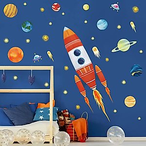 wondever Rocket Wall Stickers Outer Space Planets Peel and Stick Wall Art Decals for Baby Nursery Kids Bedroom Playroom (H:40 inches)