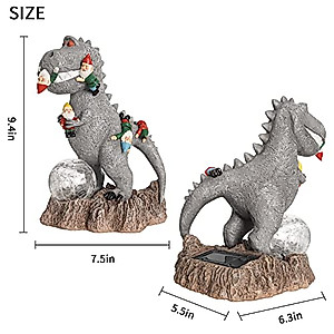 Solar Garden Statue Outdoor Decor Garden Dinosaur Eating Gnomes Figurine with LED Lights, Yard Art Ornaments for Fall Garden Sculptures & Statues for Outside Lawn Patio Yard Garden Birthday Gifts