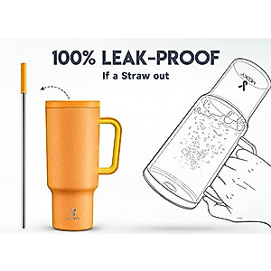 Meoky 40oz Tumbler with Handle, Leak-proof Lid and Straw, Insulated Coffee Mug Stainless Steel Travel Mug, Keeps Cold for 34 Hours or Hot for 10 Hours (Peach)