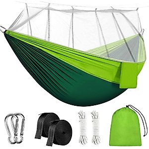 Rusee Camping Hammock with Net Outdoor Hammock Travel Bed Lightweight Parachute Fabric Double Hammock for Tree, Camping, Hiking, Backpacking, Backyard (Green + Dark Green)
