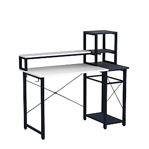 armocity 2024 Upgrade Gaming Desk with LED Lights, Small Computer Desk with Long Monitor Stand, 40'' Reversible Laptop Table with Shelves, Small Desk for Small Spaces, Gaming Room, White and Blue