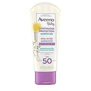 Aveeno Baby Continuous Protection Zinc Oxide Mineral Sunscreen Lotion for Sensitive Skin with Broad Spectrum SPF 50, Tear-Free, Sweat- & Water-Resistant, Travel-Size, 3 fl. Oz
