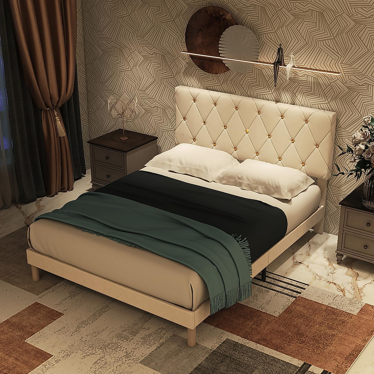 Mhjinuwet Queen Size Bed Frame, Velvet Upholstered Platform with Headboard, Easy Assembly, No Box Spring Needed, Non-Slip and Noise-Free with Strong Wooden Slats (Beige, Queen (U.S. Standard))