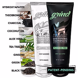 Grind Natural Toothpaste, Fluoride-Free - Dentist Recommended Hydroxyapatite, Theobromine & Activated Charcoal for Remineralizing, Sensitive Teeth, & Whitening, Made in USA, Vegan (4 oz)