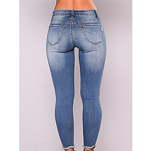 Andongnywell Women's Stretchy Ripped Hole Skinny Jeans Butt Lifting Distressed Denim Pants with Pockets Trousers Blue