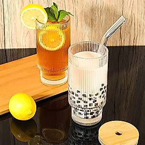 Rantonly 4Pack Ribbed Glass Cups 16oz with Bamboo Lids and Straws, Drinking Glasses Tumbler Cups-Reusable, Vintage Glass Cups, Elegant Ribbed Glassware for Beer Smoothie Whiskey