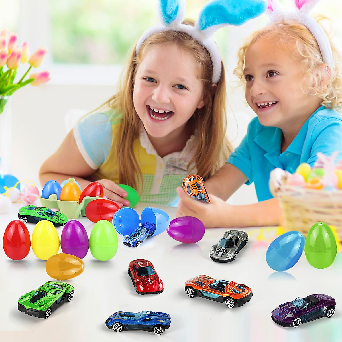 OCHIDO 12 Pack Easter Eggs Toys with Die-Cast Cars,Boy Easter Basket Stuffers for Kids,Easter Eggs Hunt,Prefilled Easter Eggs with Toys,Easter Party Supplies Bulk