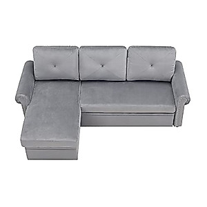 RUNWON 83" Sleeper Sofa Bed Convertible Sectional, 3-Seater L-Shape Corner Couch with Storage Chaise for Living Room Apartment, Gray