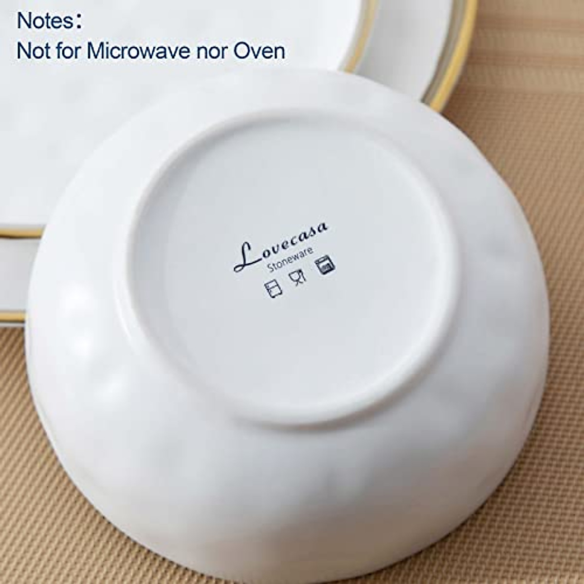 LOVECASA Stoneware Dish Set for 4, Handmade Plates and Bowls Sets, 16 PCS White and Gold Dinnerware Sets, Dishwasher Safe