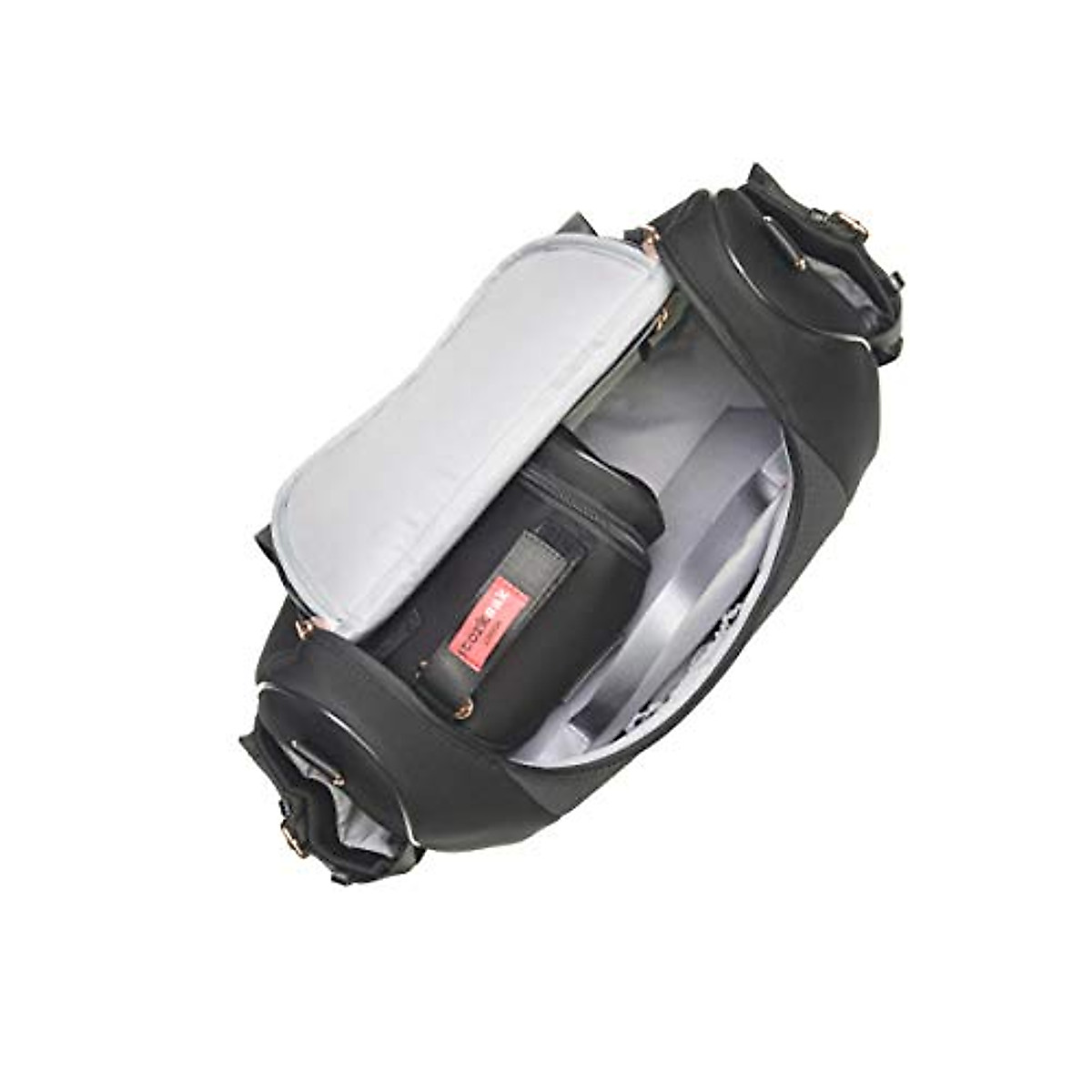 Poppy Luxe Black Scuba Shoulder and Stroller Bag with Rose Gold Hardware by Storksak | Universal Fit, Large Storage Capacity, Water Resistant Converting Diaper Backpack with Integrated Accessories