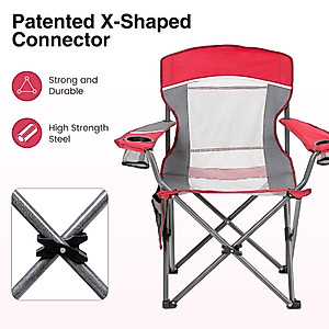 HIGH POINT SPORTS Portable Mesh Back Camping Folding Chair, Portable Camping Chair for Adults, Heavy Duty Fishing Lawn Chair, Padded Collapsible Outdoor Chair for Adults, Outdoor, Garden, Patio, Red