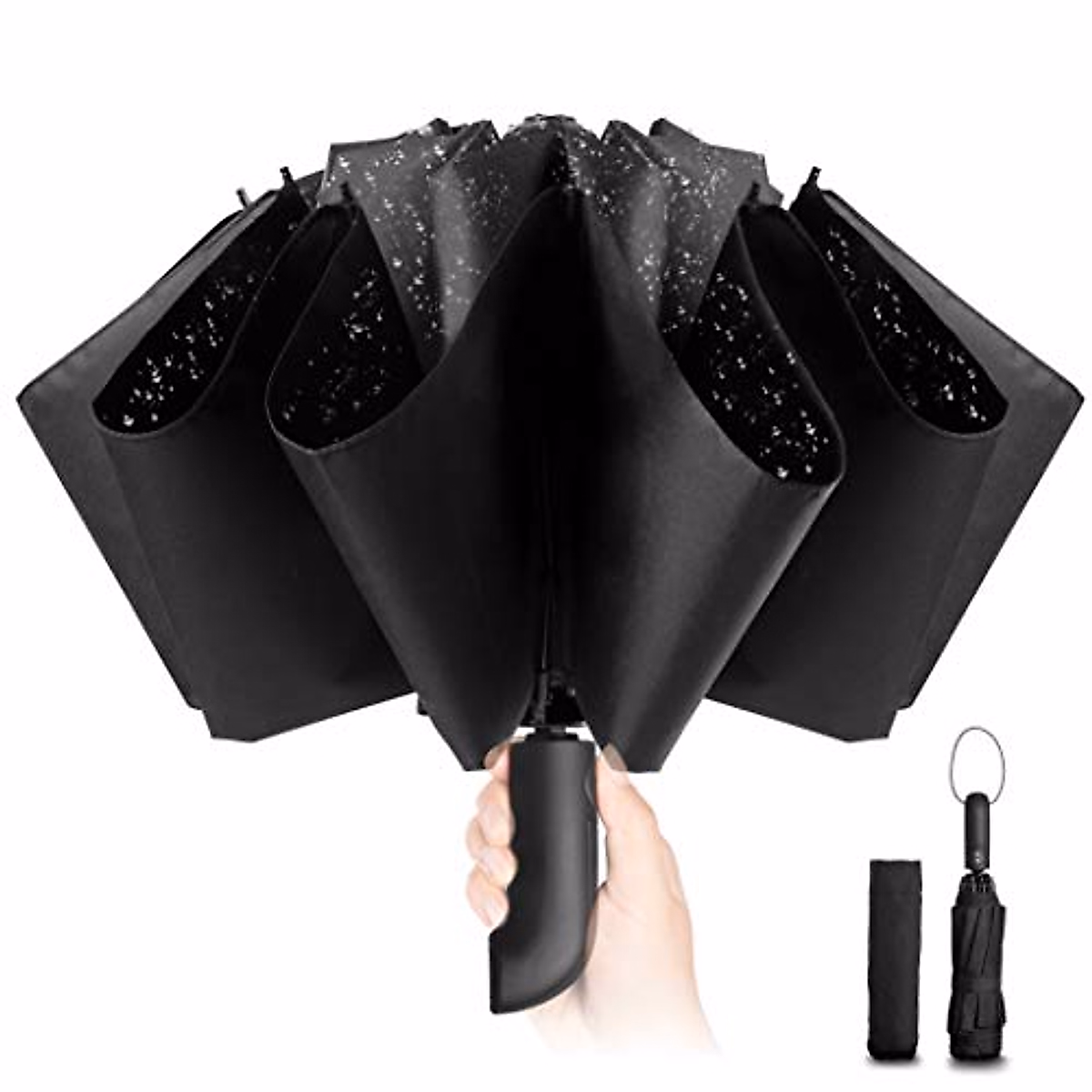 Travel Inverted Umbrella Compact Windproof- Automatic reverse Black Umbrellas for Rain - Men and Women, Folding Portable Teflon Coating 120cm Span, 10 Large Rids Umbrella