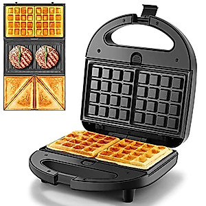 OSTBA 3 in 1 Sandwich Maker Panini Press Waffle Iron Set with 3 Removable Non-Stick Plates, 750W Toaster Perfect for Sandwiches Grilled Cheese Steak, Black