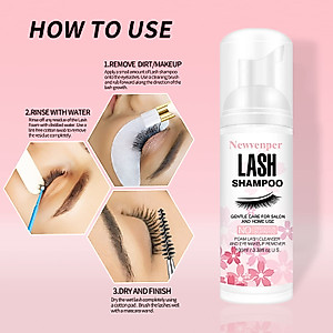 Newvenper Lash Shampoo for Eyelash 100ML + Brush & Mascara Wand Eyelid Foaming Cleansing, Eyelash Extension Cleanser Remover,Makeup Remover,Salon and Home Use