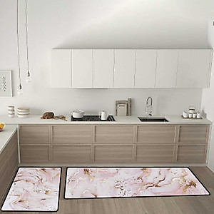 ZKLZI Kitchen Rugs Kitchen Mats for Floor 2 Pieces Liquid Marble Painting Gold Pink Kitchen Mat Set Non Slip Soft Absorbent Coral Velvet Washable Kitchen Rug Set 17.7×29.1Inch + 17.7×58.2Inch