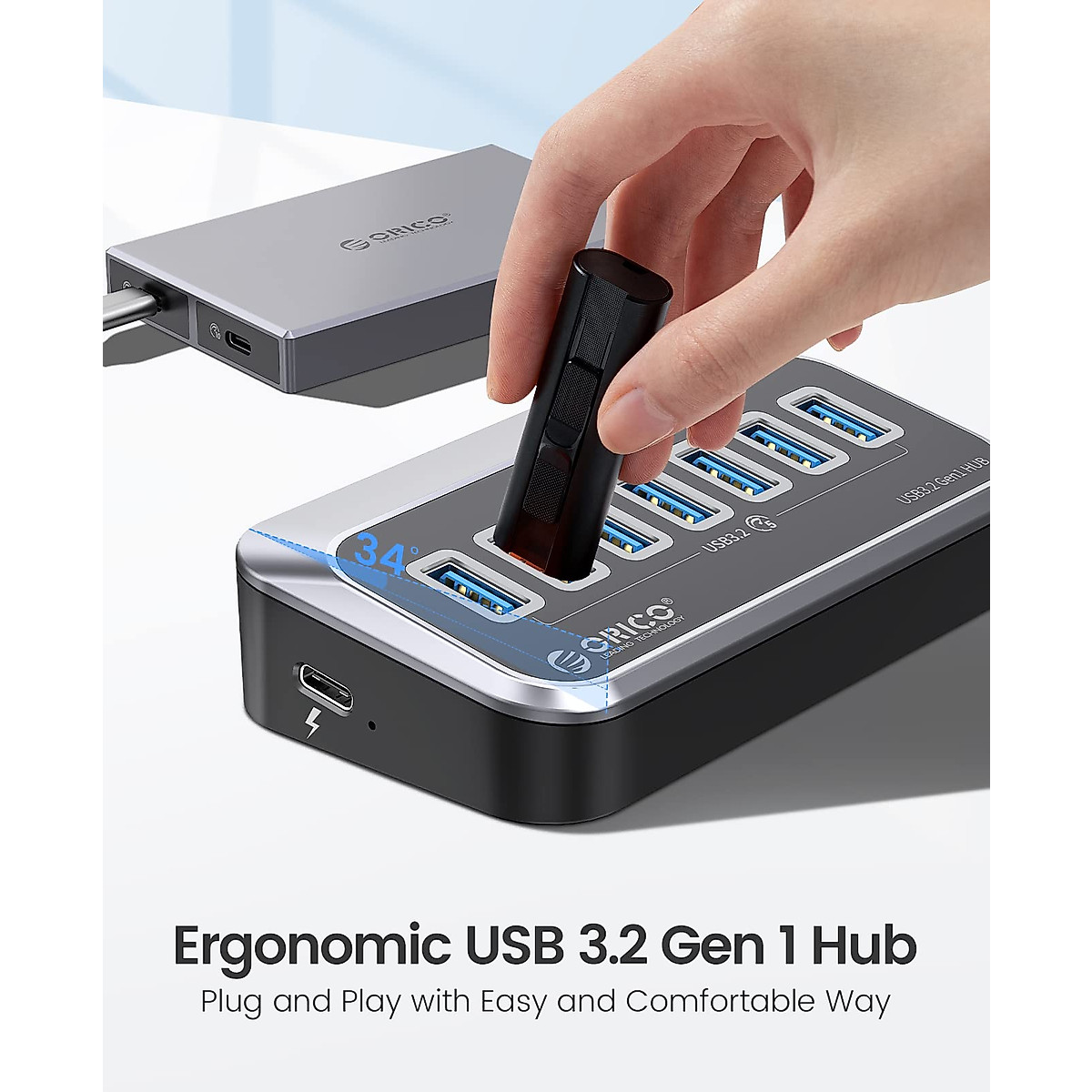 ORICO USB Hub 10Gbps with 7 USB A Ports, USB 3.2 Gen 2 Hub with 1.64Ft USB-C Cable and USB-A Adapter USB Splitter for iMac, All MacBooks, Mac Mini-Plastic Version