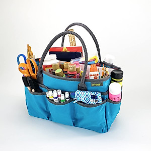 meori Large Portable Craft Tote Bag Caddy Organizer Structured Bottom Zipper Pocket Sewing Paper Art Quilting Padded Handles (Azure Blue)