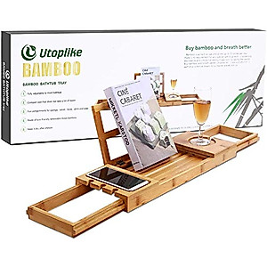 Utoplike Bamboo Bathtub Caddy Tray Bath Tray for Tub, Adjustable Bathroom Bathtub Organizer with Book Tablet Wine Glass Cup Towel Holder,Distinctive Gift for Christmas