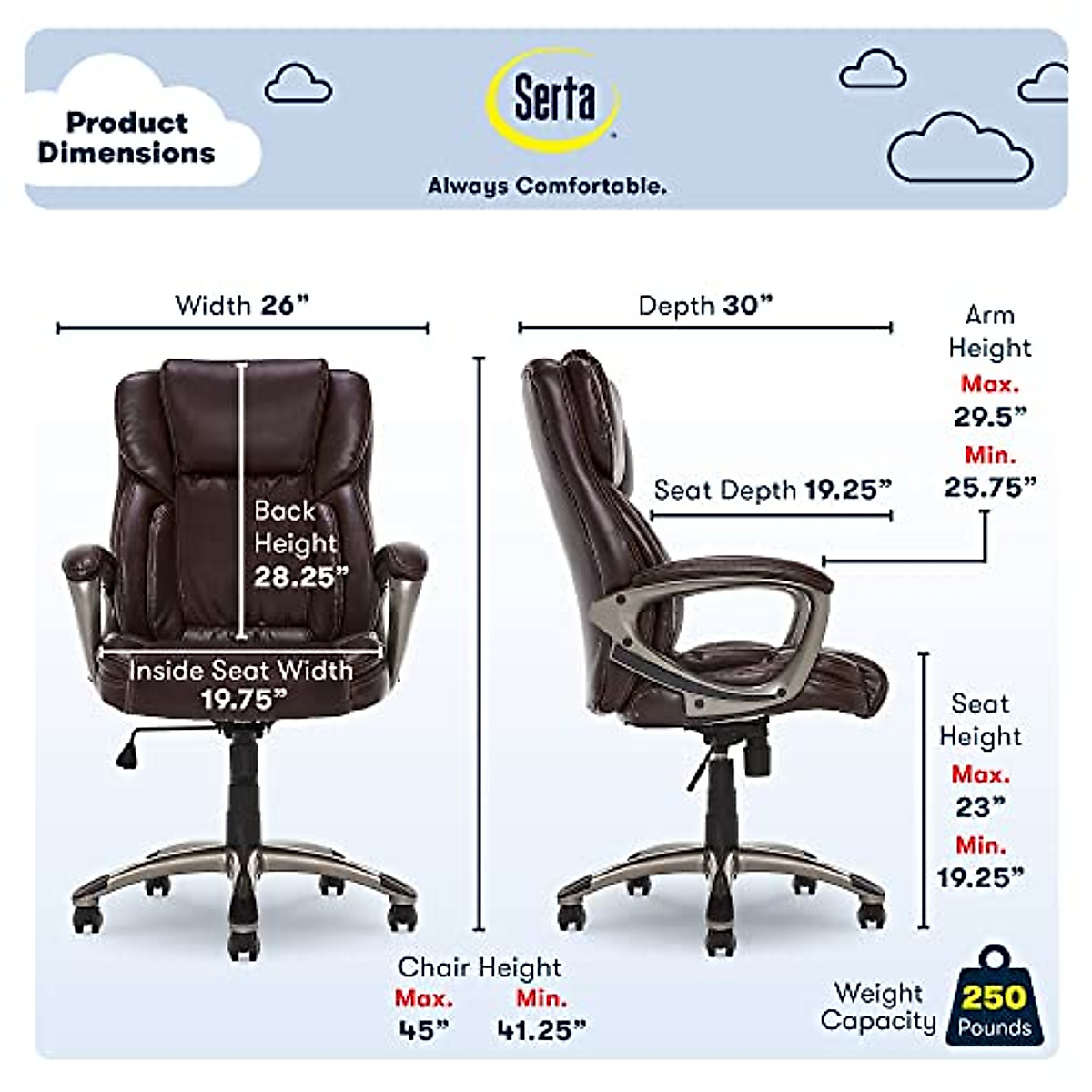 Serta Executive Office Adjustable Ergonomic Computer Chair with Layered Body Pillows, Waterfall Seat Edge, Bonded Leather, High-Back, Brown