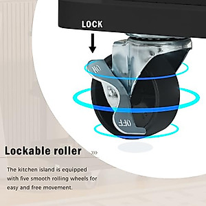 Blomed Multipurpose Kitchen Cart Cabinet with Side Storage Shelves,Rubber Wood Top, Adjustable Storage Shelves, 5 Wheels, Kitchen Storage Island with Wine Rack for Dining Room, Home,Bar,Black