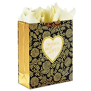 Hallmark 15" Extra Large Gift Bag with Tissue Paper ("Two Hearts, One Love" Black and Gold) for Weddings, Anniversaries, Engagements, Valentine's Day